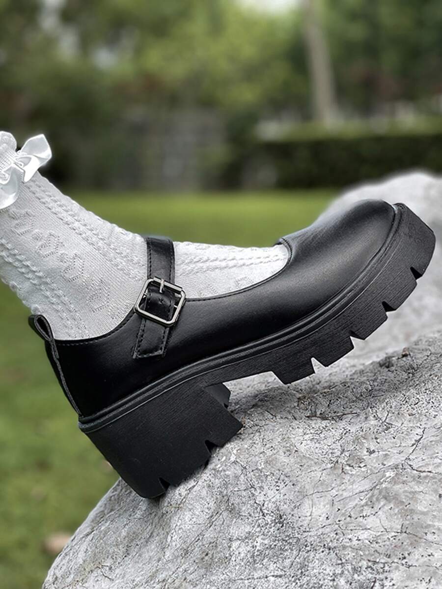 Minimalist Platform Mary Jane Shoes, Black Preppy Style Solid Color ...