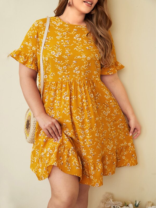 Shein Vcay Plus 1pc Allover Floral Flounce Sleeve Ruffle Hem Dress