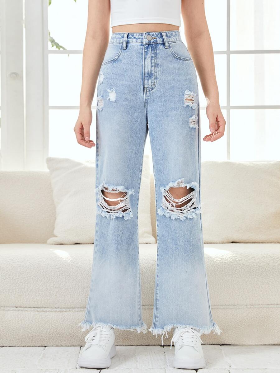 SHEIN Teen Girls Ripped Raw Hem Jeans | SHEIN UK