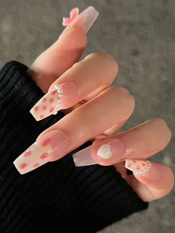 Get Romantic With 24pcs Long Coffin Pearl Blush Bow Heart Pattern Fake ...