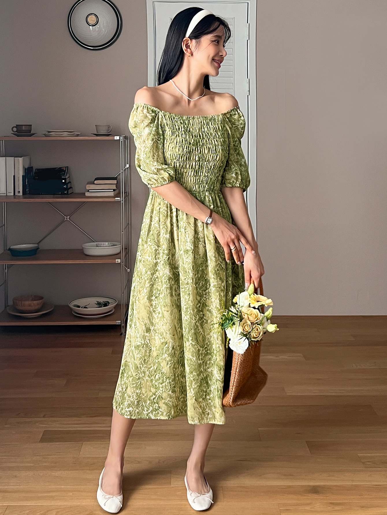 DAZY Vestido impressão total malhado manga bufante | SHEIN Brasil