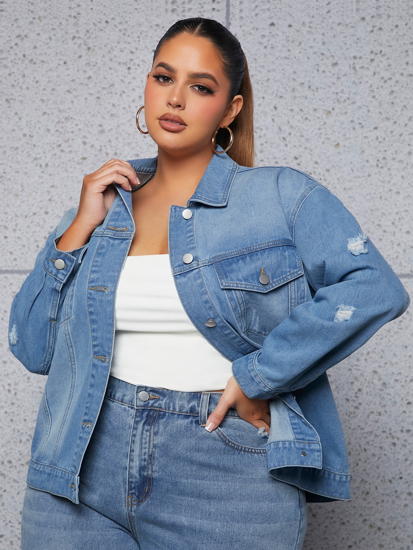 Plus Drop Shoulder Flap Pocket Ripped Denim Jacket