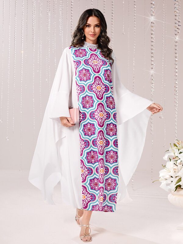 Shein Modely Floral Print Contrast Sequin Neck Cloak Sleeve Dress