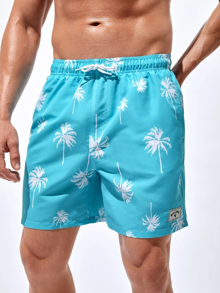 Manfinity Swimmode Men Palm Tree Print Letter Patched Detail Drawstring
