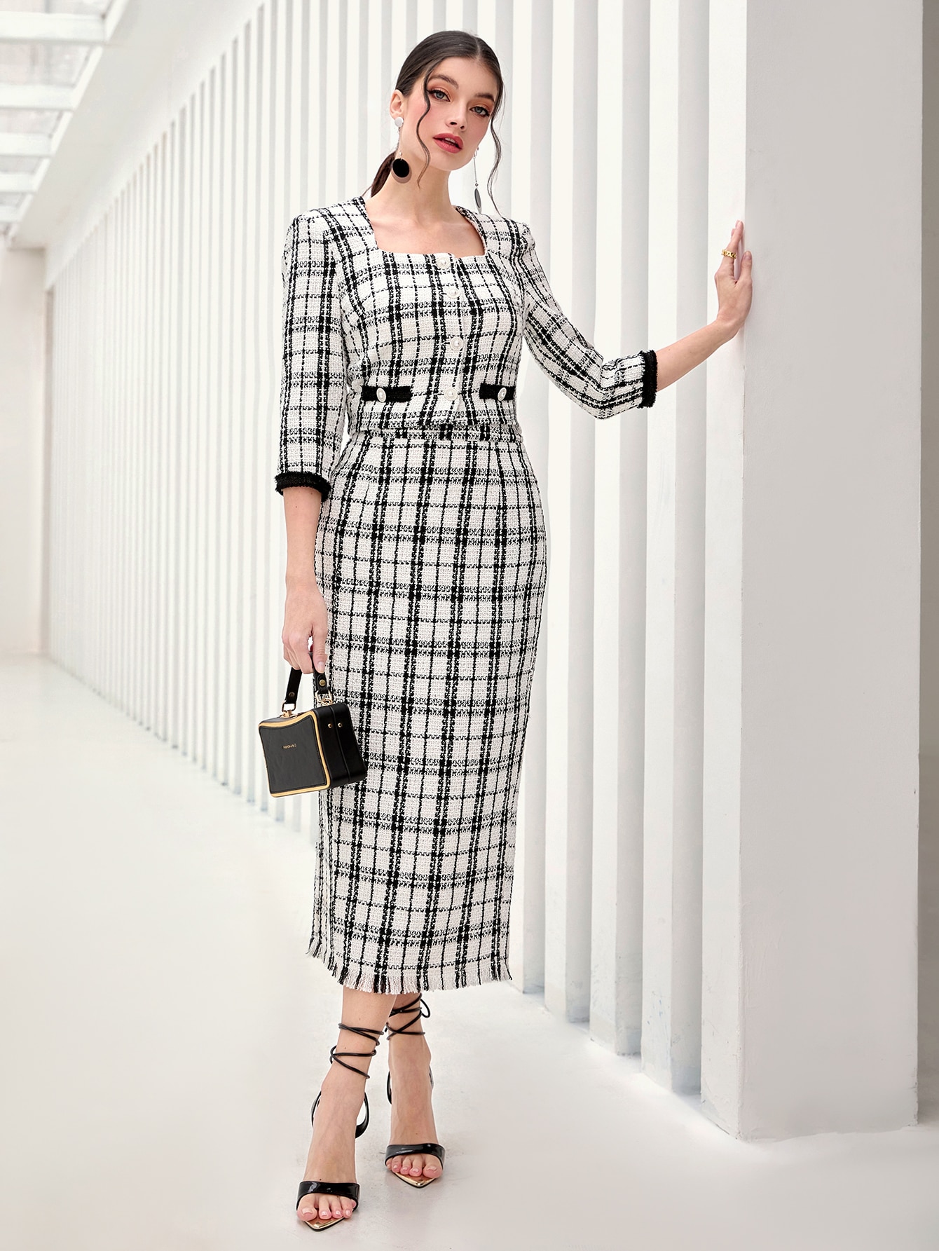 SHEIN Modely Plaid Tweed Jacket & Pencil Skirt Set | SHEIN USA