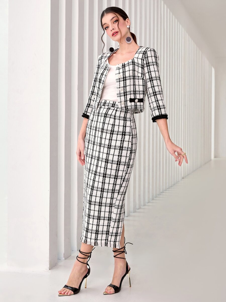 SHEIN Modely Plaid Tweed Jacket & Pencil Skirt Set | SHEIN USA