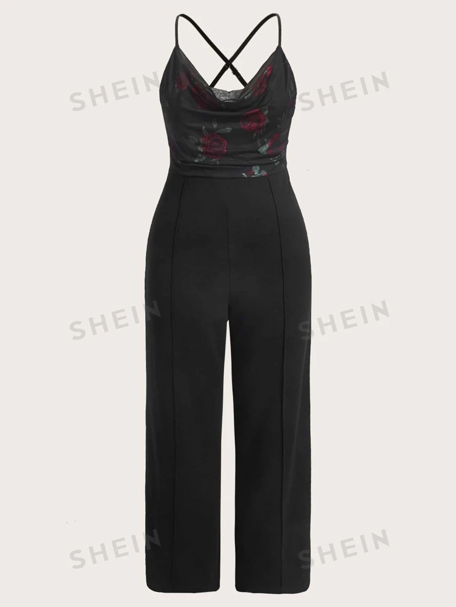 Shein Clasi Plus Mesh Bodice Crisscross Backless Wide Leg Cami Jumpsuit