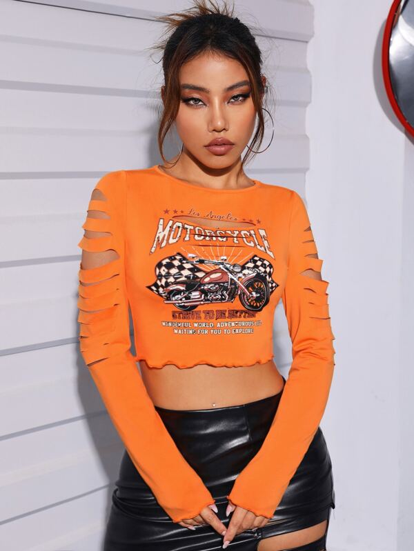 Shein Sxy Slogan And Motorcycle Print Lettuce Trim Cutout Crop Tee