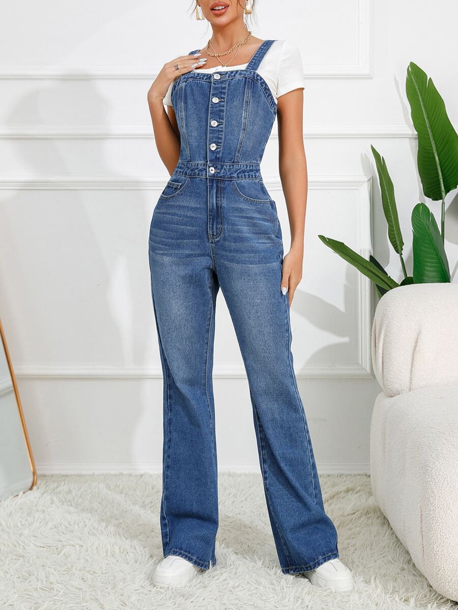 Button Front Denim Overalls Without Top | SHEIN USA
