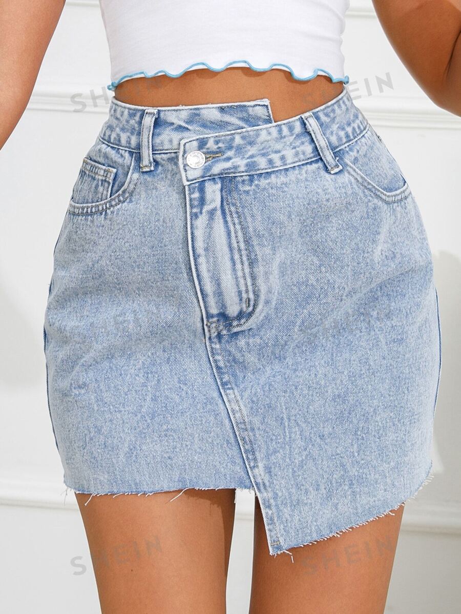 SHEIN Frenchy Stepped Waist Raw Trim Denim Skirt | SHEIN UK