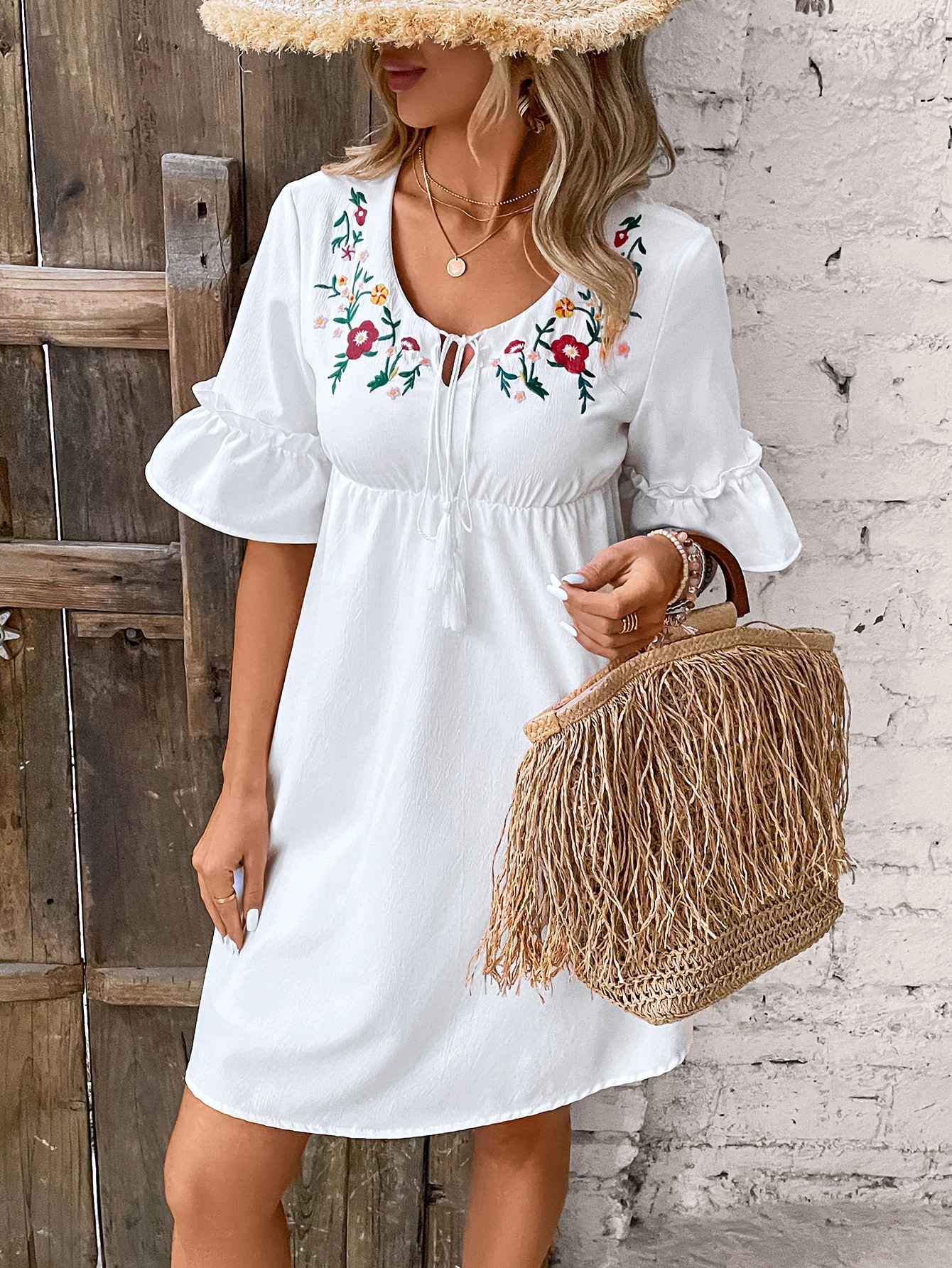 Shein Vcay Floral Embroidery Flounce Sleeve Knot Front Dress Shein Usa
