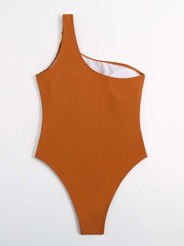 SHEIN Swim BAE Leopard Print Sheer Mesh Insert One Shoulder One Piece ...