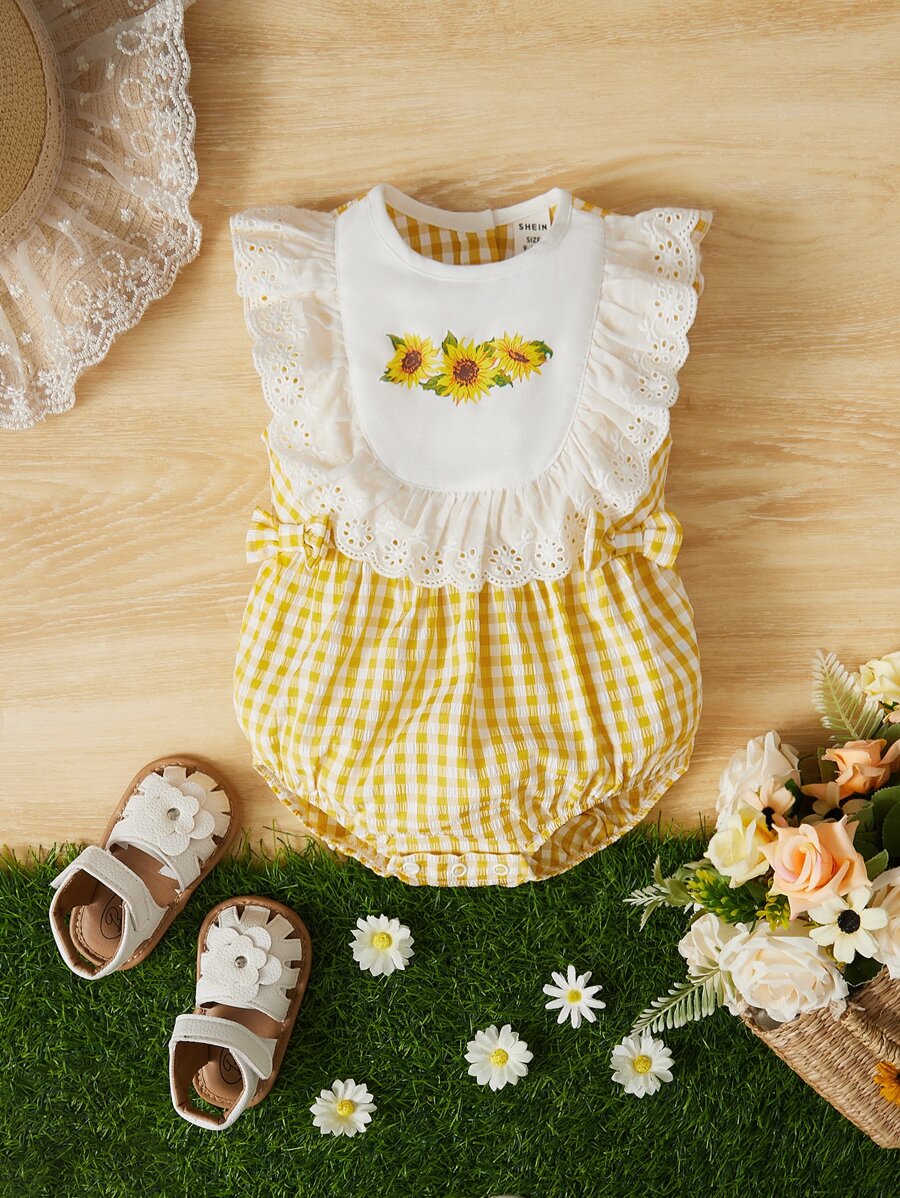 SHEIN Baby Gingham and Floral Print Schiffy Ruffle Trim Bodysuit ...