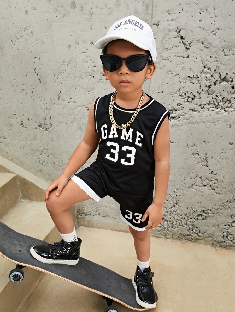SHEIN Young Boy Letter Graphic Striped Trimmed Basketball Jersey Set ...