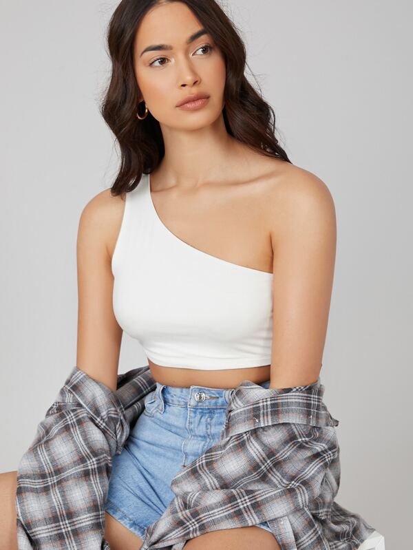SHEIN BASICS One Shoulder Solid Crop Top | SHEIN USA