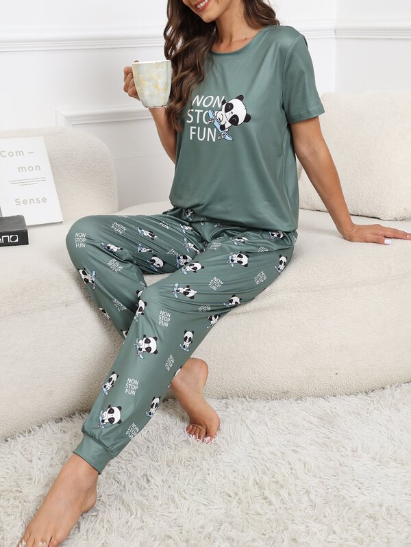 Panda & Slogan Graphic PJ Set | SHEIN USA