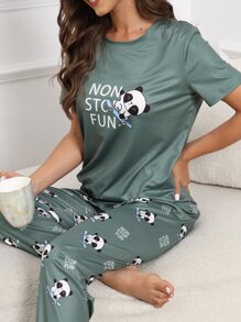 Panda & Slogan Graphic PJ Set | SHEIN USA