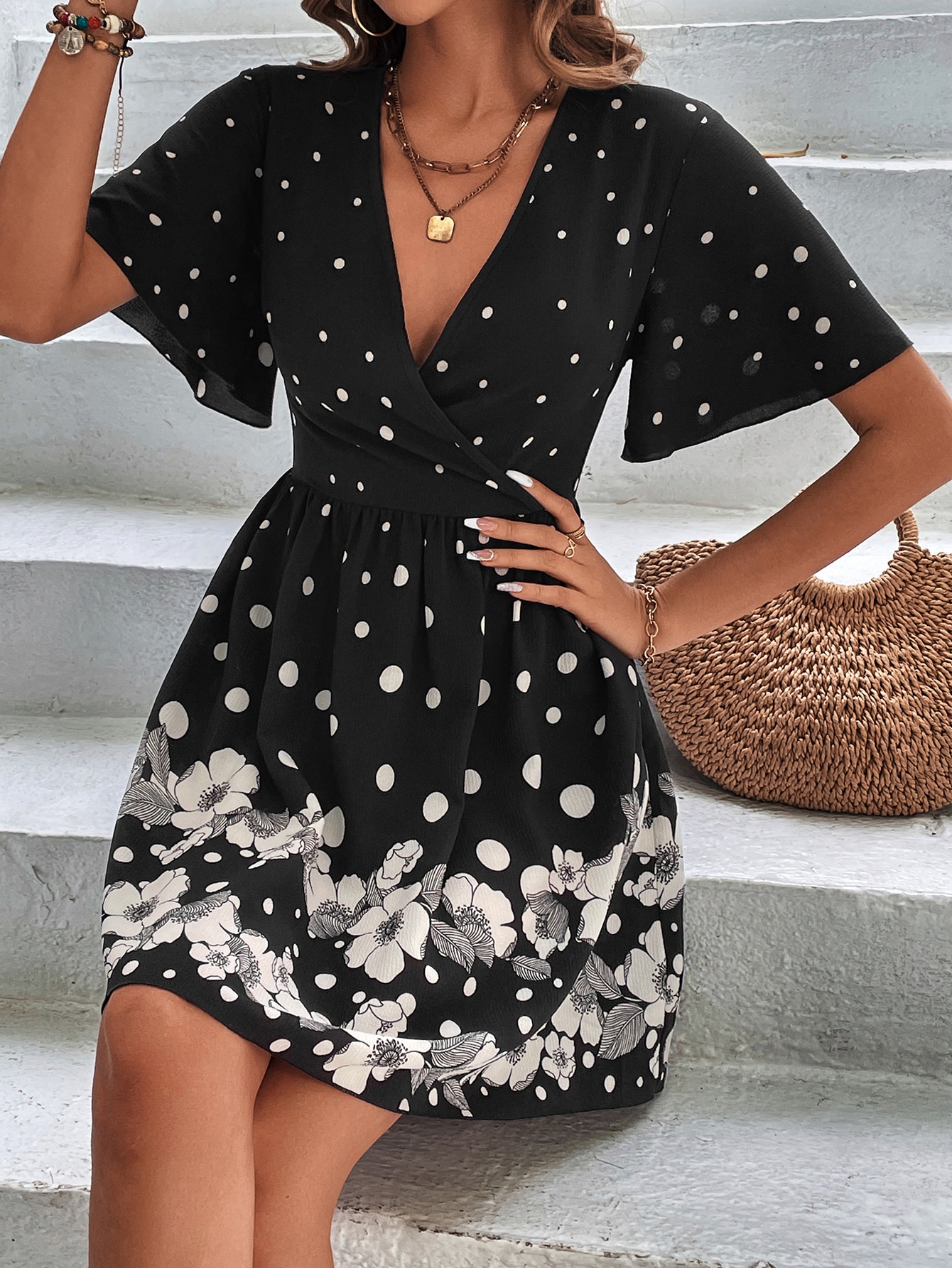 Shein Vcay Floral Print Plunging Neck Butterfly Sleeve Dress Shein Eur