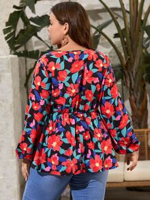 SHEIN VCAY Plus Allover Floral Print Lantern Sleeve Overlap Collar ...