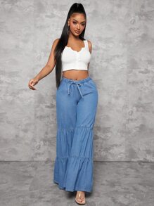 SHEIN SXY Drawstring Front Ruffle Hem Wide Leg Jeans | SHEIN USA