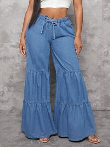 SHEIN SXY Drawstring Front Ruffle Hem Wide Leg Jeans | SHEIN USA