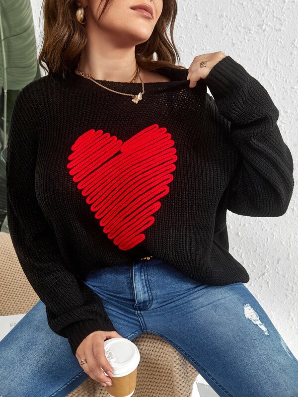 Shein Ezwear Plus Heart Pattern Drop Shoulder Sweater Shein Usa