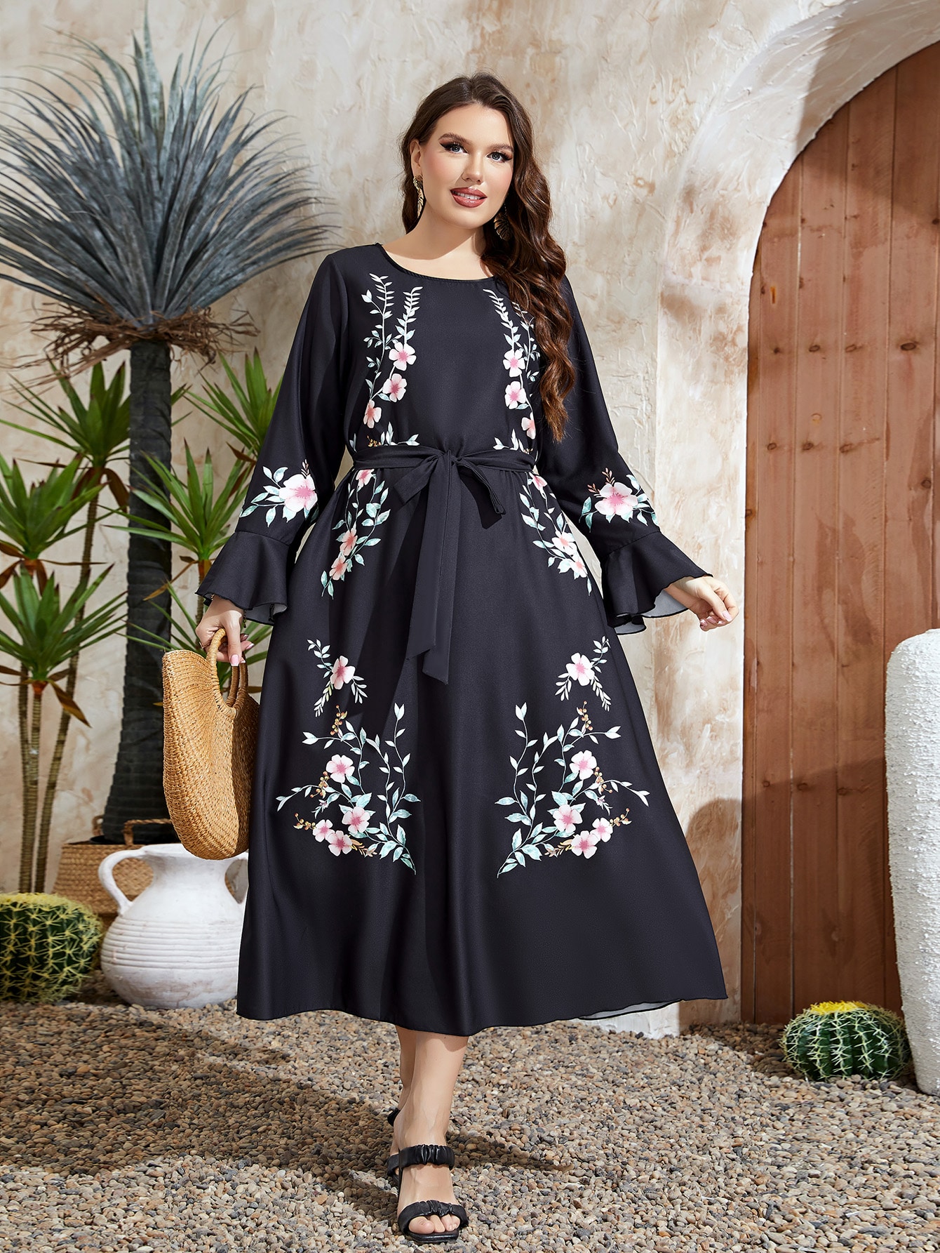 Shein Najma Plus Floral Print Flounce Sleeve Belted Dress Shein Usa