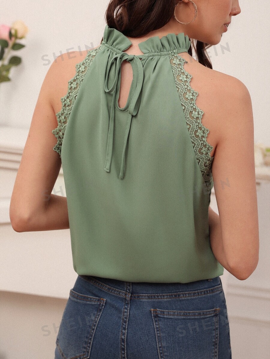 SHEIN Frenchy Top halter ribete de malla con bordado con cordón trasero | Moda de Mujer | SHEIN ...