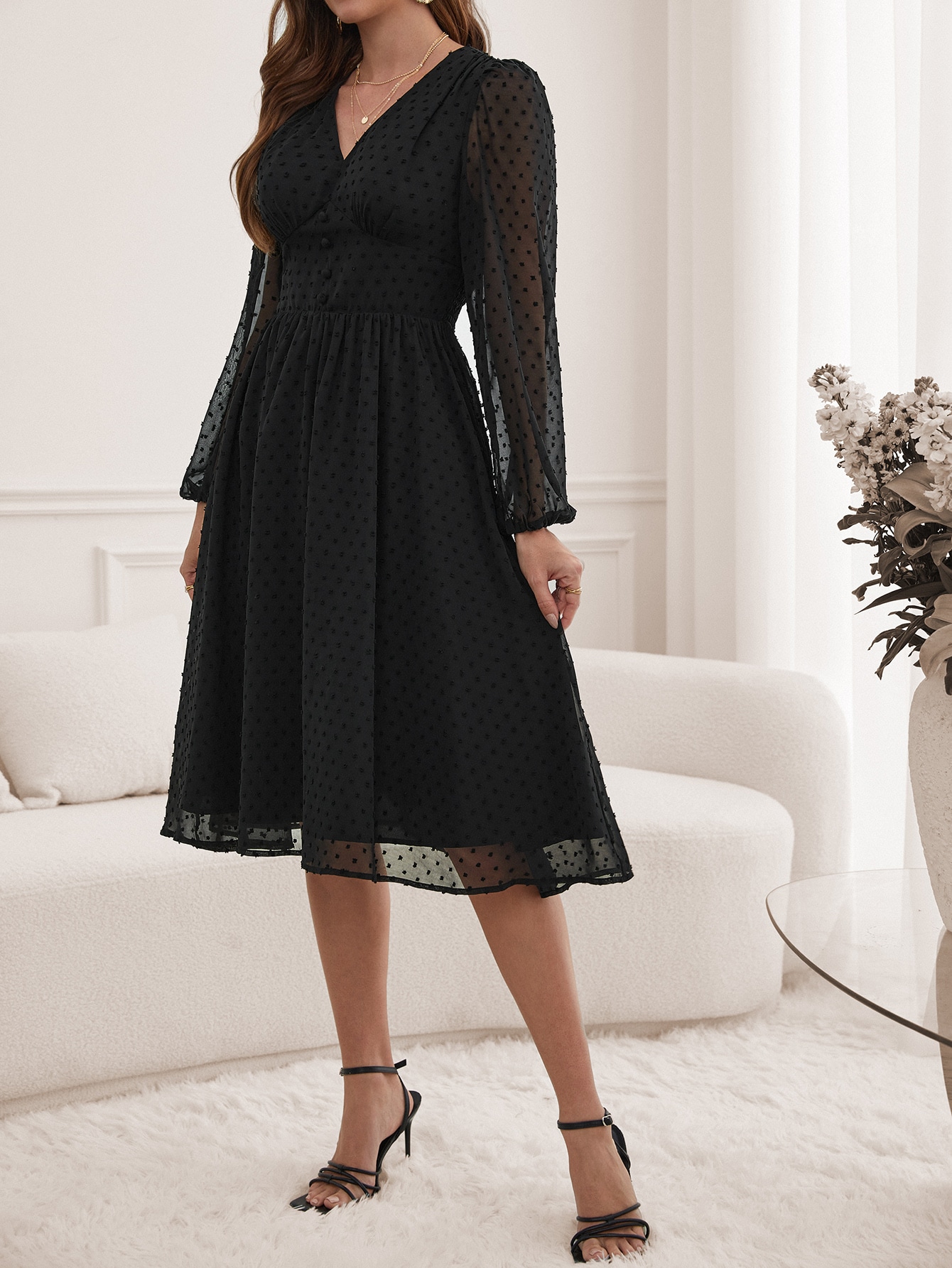 Shein Frenchy Swiss Dot Lantern Sleeve Chiffon Dress Shein Usa