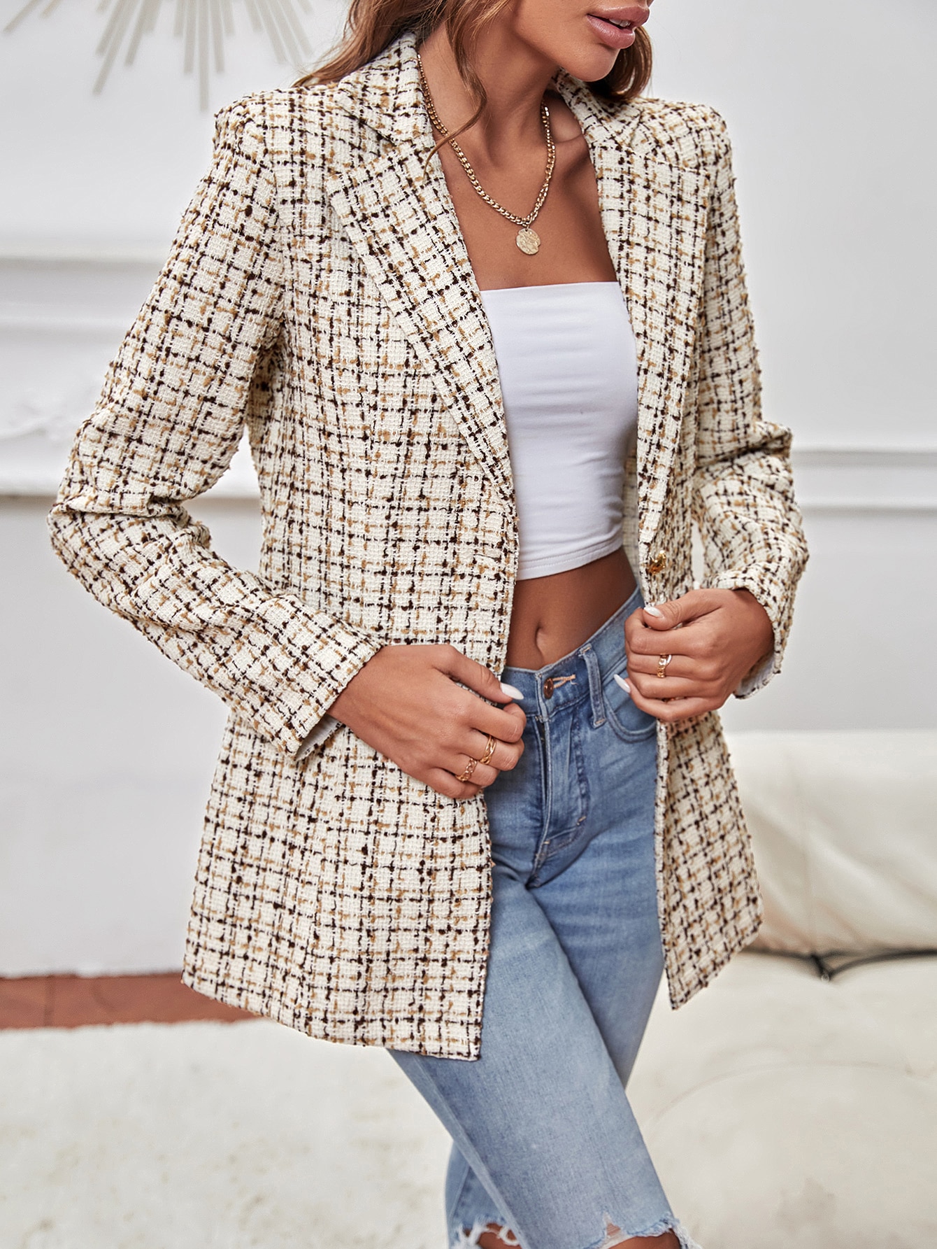 SHEIN Frenchy Plaid Single Breasted Tweed Blazer | SHEIN USA