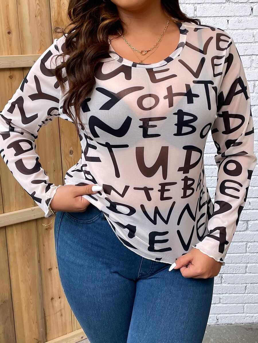 Calvaya Plus Letter Graphic Mesh Top Without Bra | SHEIN USA