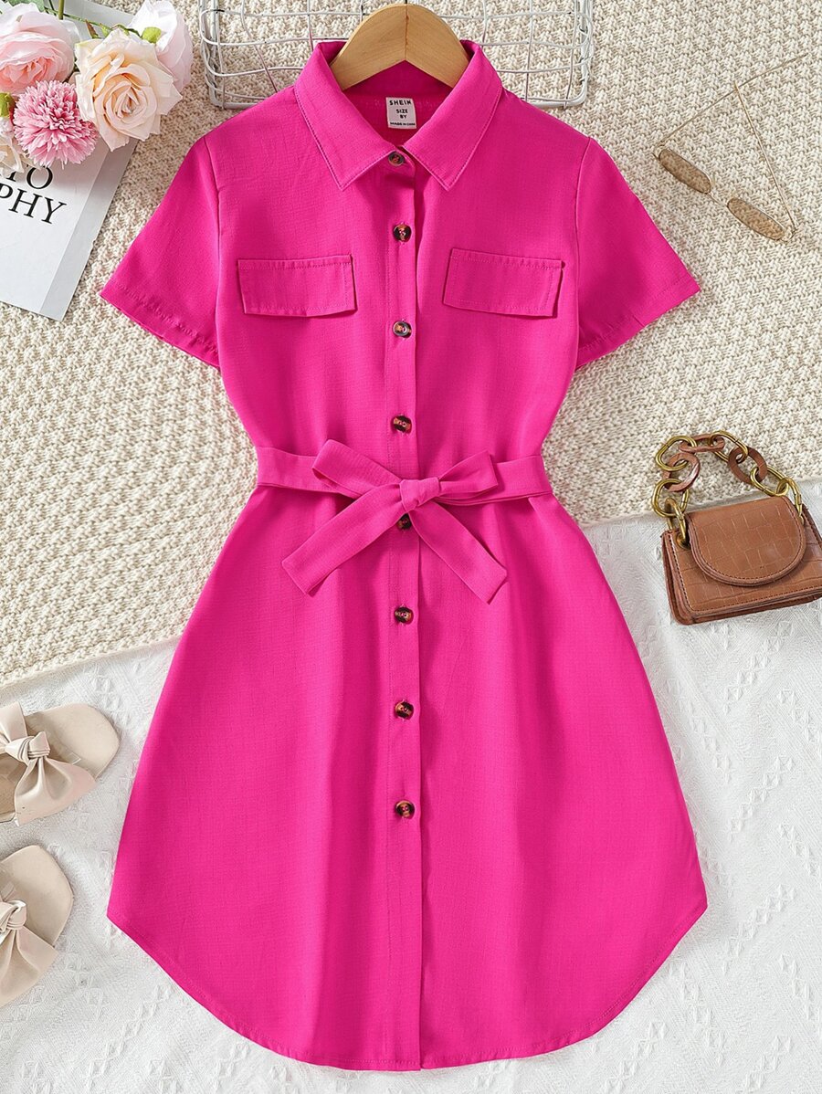 Tween Girl Flap Detail Button Front Belted Shirt Dress | SHEIN USA
