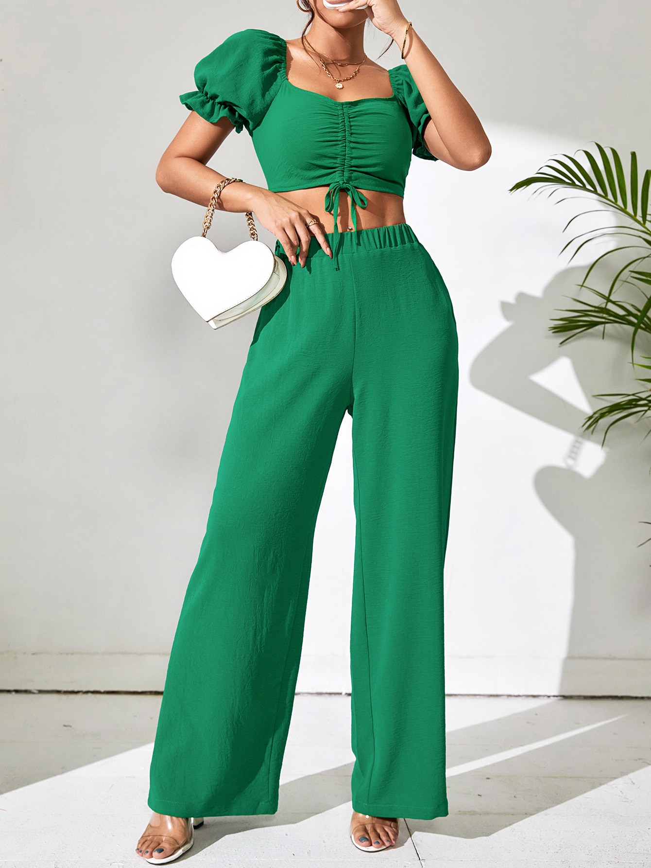 Shein Privé Drawstring Front Puff Sleeve Crop Top And Trousers Shein Uk