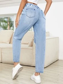 Jeans vita a volant sovrapposti con strappati tasca inclinata | SHEIN ...