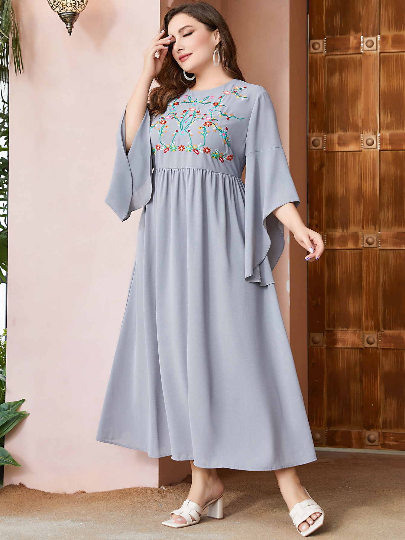 Shein Najma Plus Floral Embroidery Flounce Sleeve Dress Shein Usa