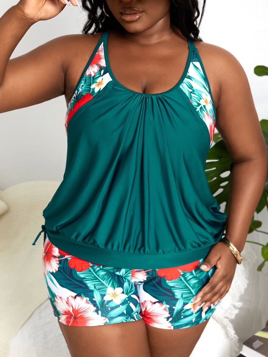 SHEIN Slayr CURVE Plus Tropical Print Tankini Set Ruched Drawstring ...