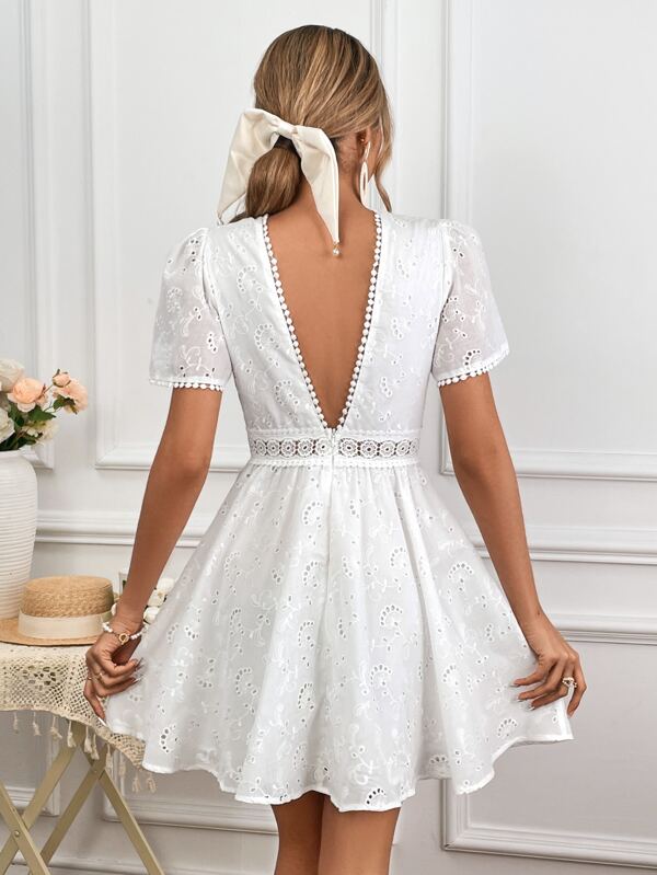SHEIN VCAY Eyelet Embroidery Open Back Dress | SHEIN UK