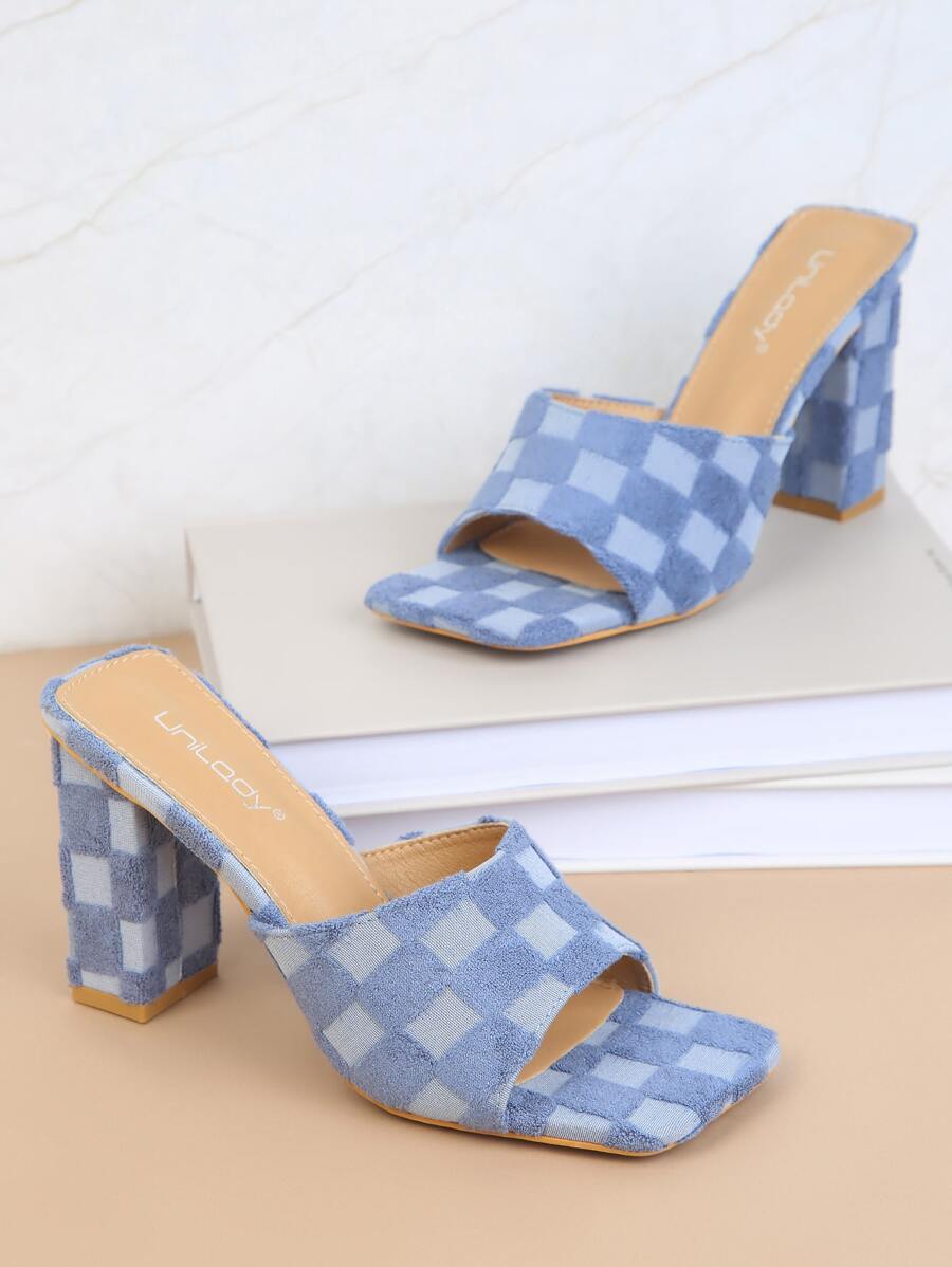 Faux Suede Plaid Pattern Chunky Heeled Mule Sandals | SHEIN USA
