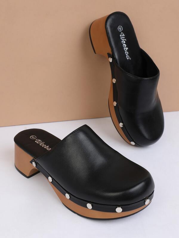 Studded Decor Chunky Heeled Handmade Clogs | SHEIN USA