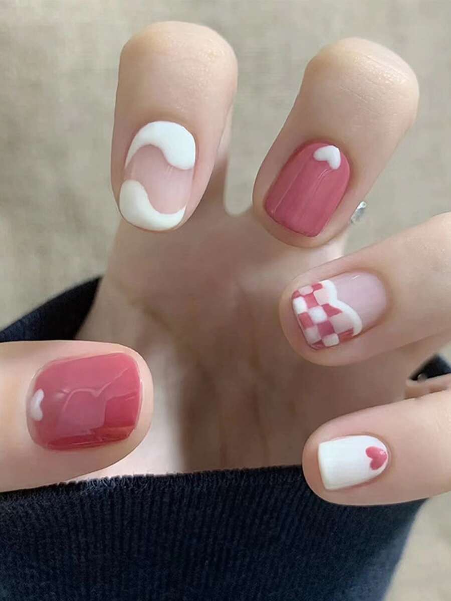 Instantly Upgrade Your Look with 24pcs Short Square Pink Plaid Heart ...