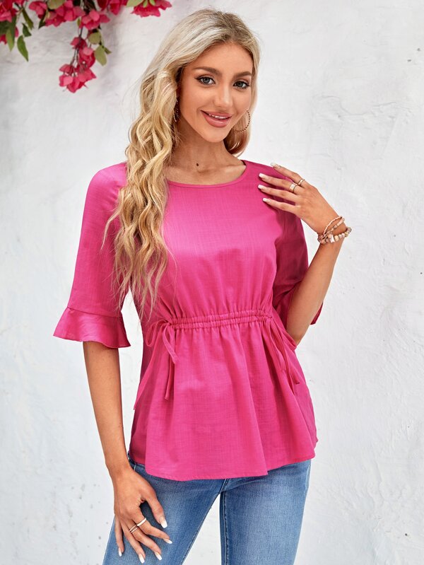 EMERY ROSE Flounce Sleeve Drawstring Waist Peplum Blouse | SHEIN USA