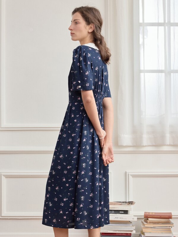 Simple Retro Ditsy Floral Print Contrast Collar Puff Sleeve Dress