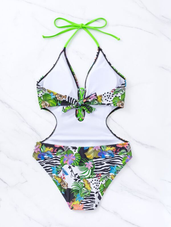 Floral Print Lace Up Front One Piece Swimsuit Shein Usa