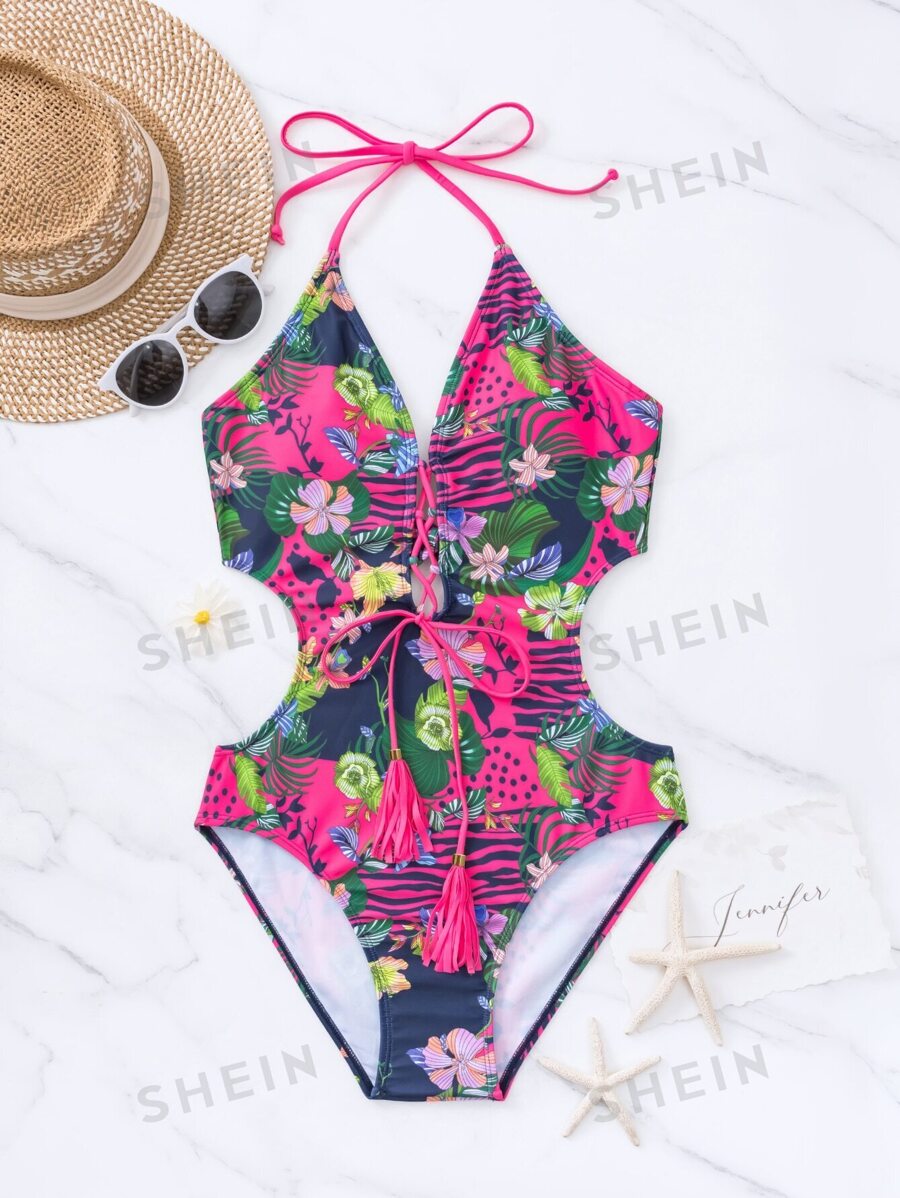 Shein Swim Summer Beach Floral Print Lace Up Front One Piece Swimsuit