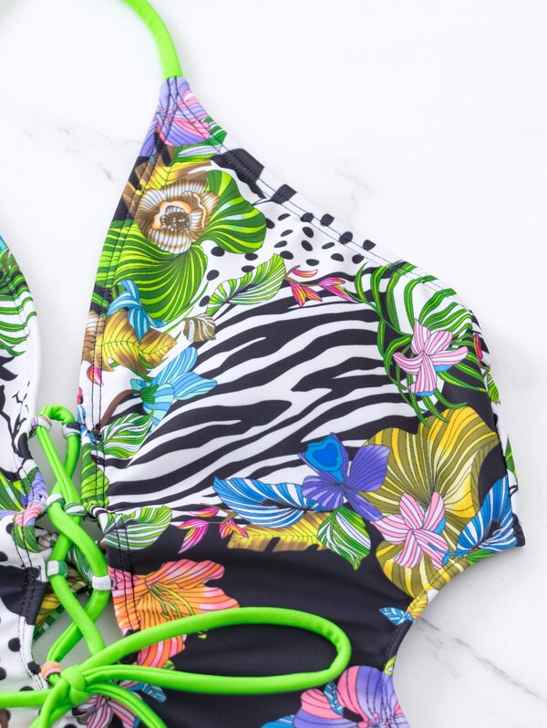 Floral Print Lace Up Front One Piece Swimsuit Shein Usa