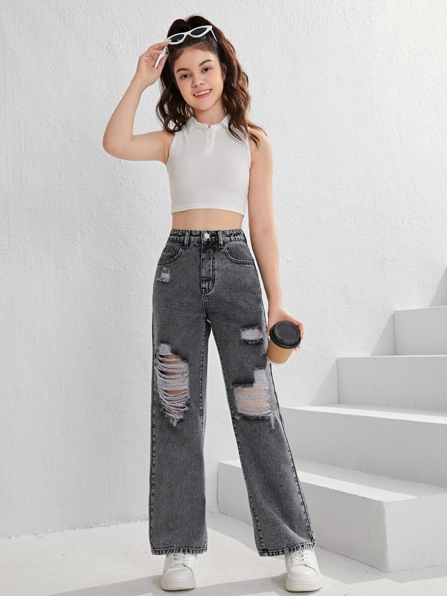 SHEIN Teen Girls Ripped Straight Leg Jeans | SHEIN UK