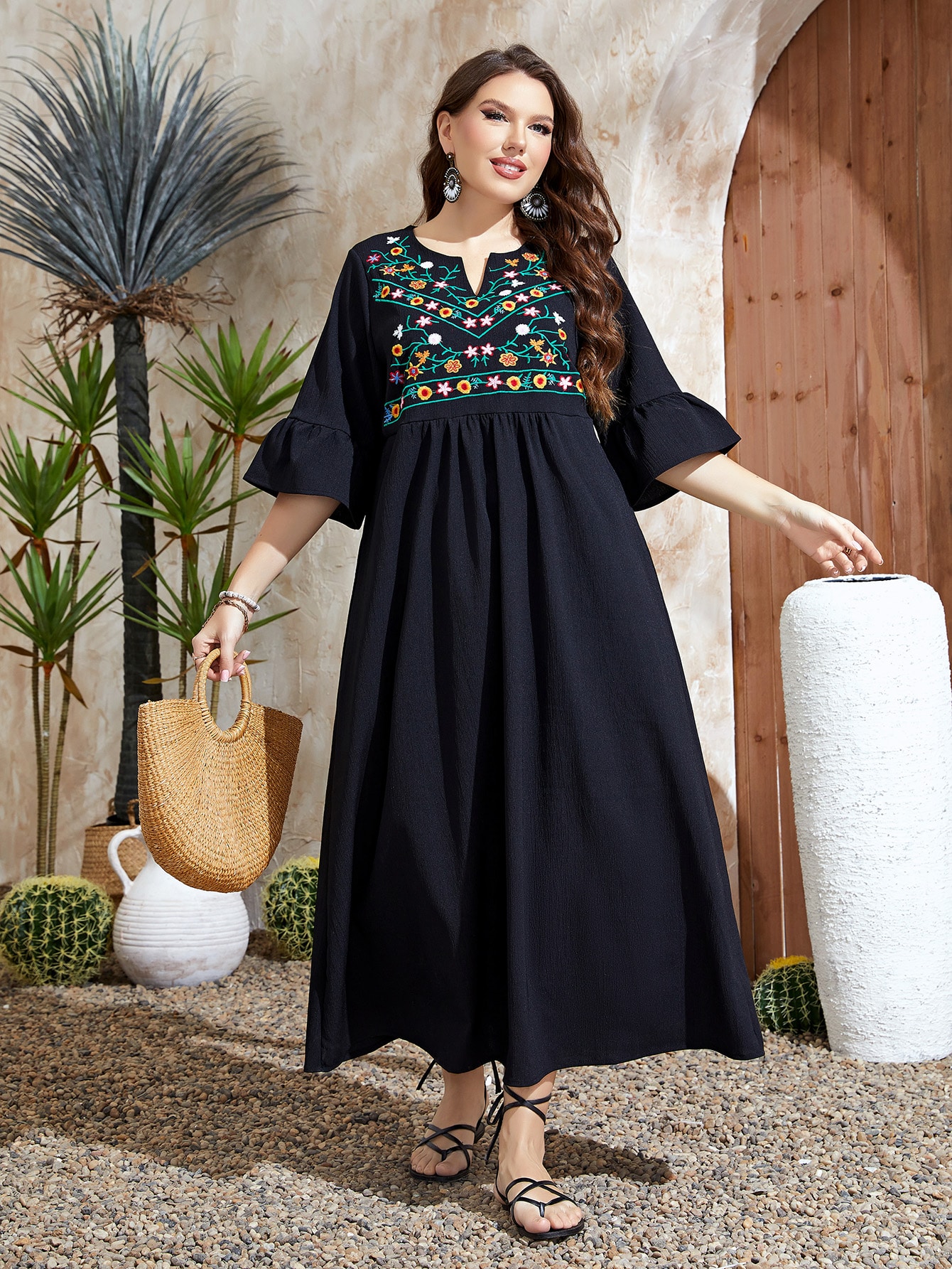 Shein Najma Plus Floral Embroidery Notched Neckline Flounce Sleeve