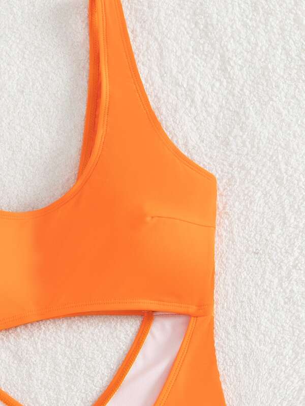 Neon Orange Cut Out Front One Piece Swimsuit Shein Usa