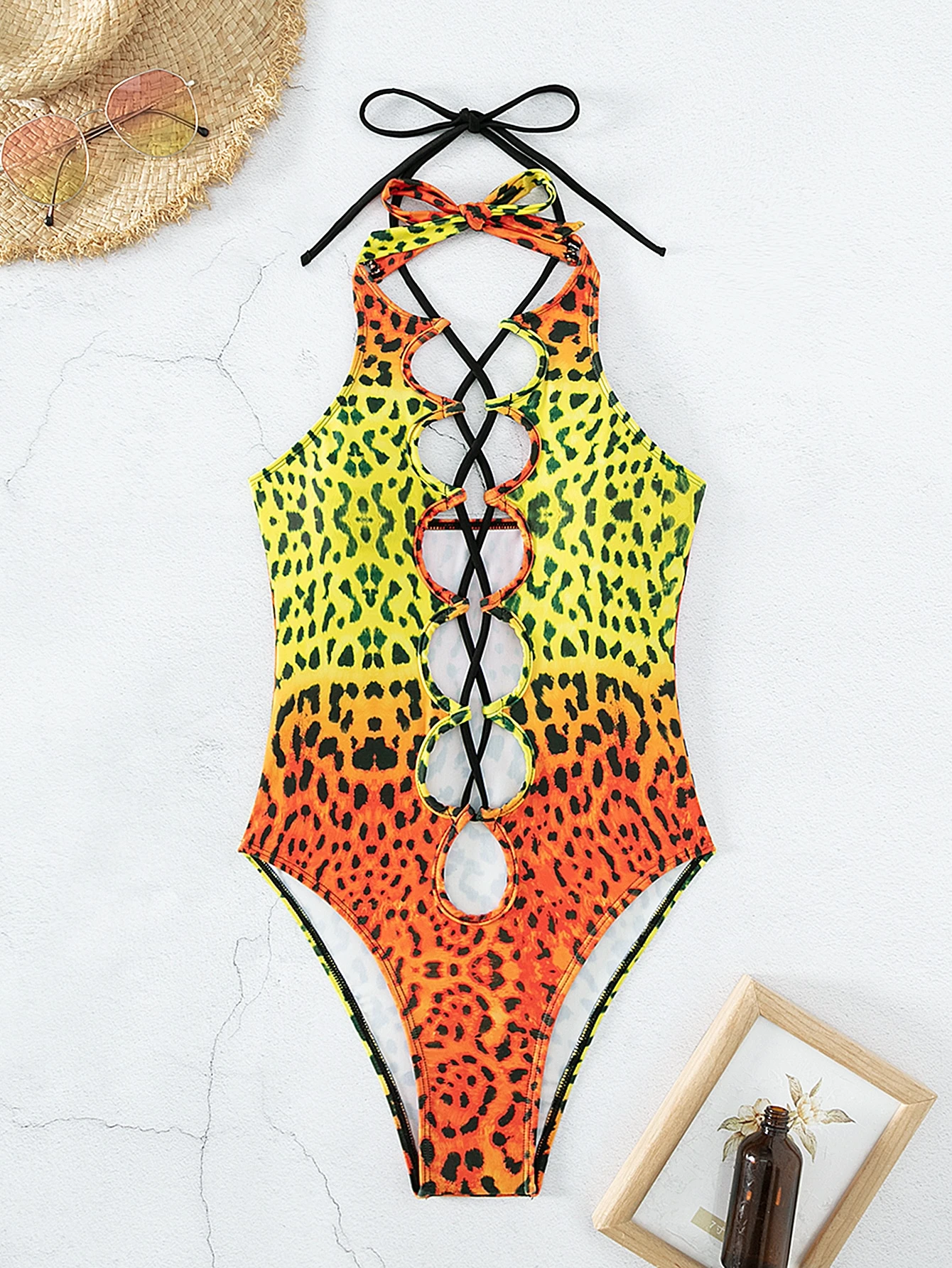 SHEIN Leopard Print Lace Up Front Halter Neck One Piece Swimsuit ...