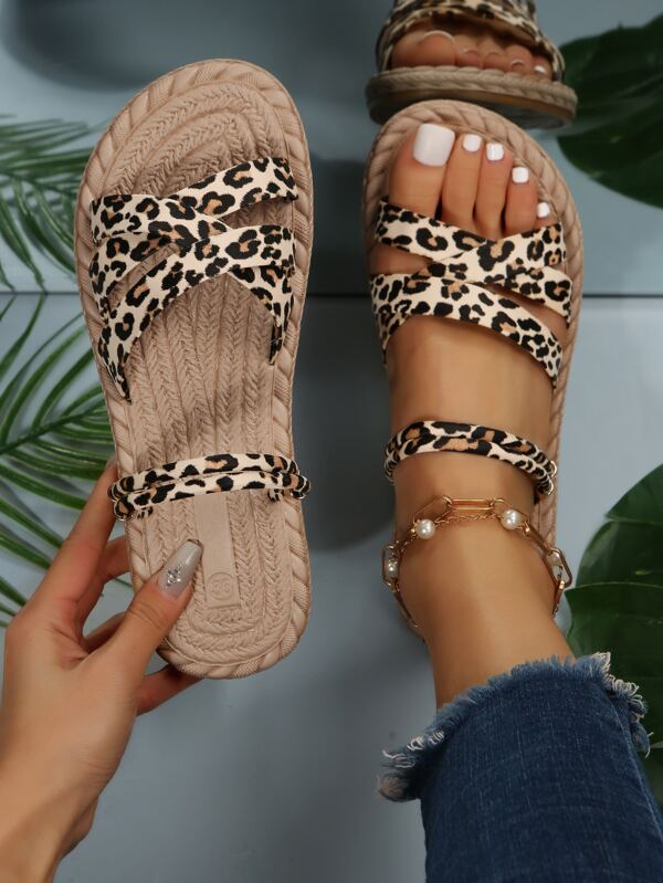 Women Leopard Decor Single Band Ruffle Trim Slide Sandals, Vacation ...
